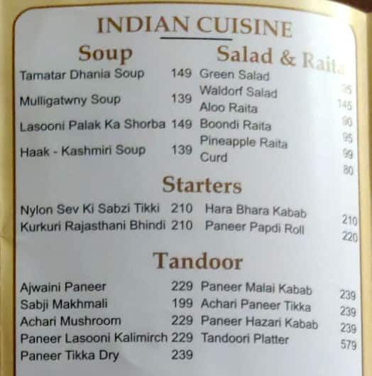 Menu of Classic, Dahisar East, Mumbai