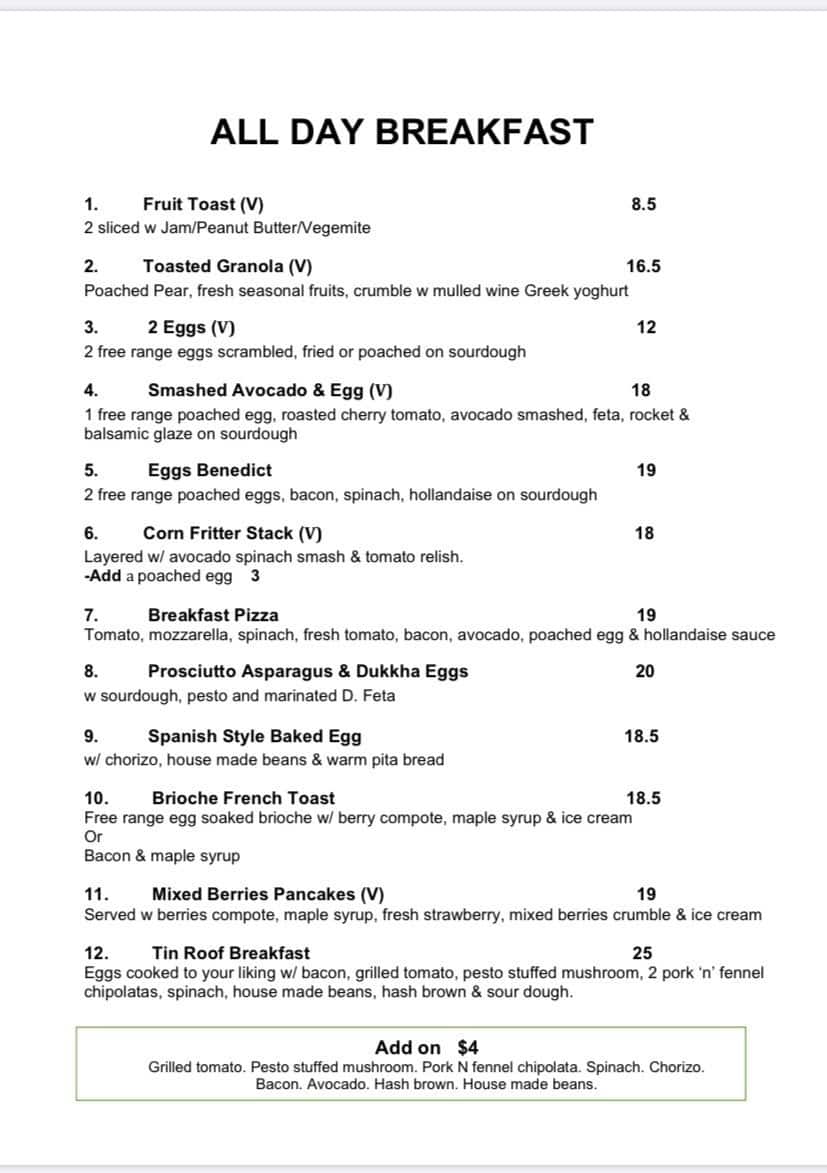 Menu at Tin Roof cafe, Ballarat Central