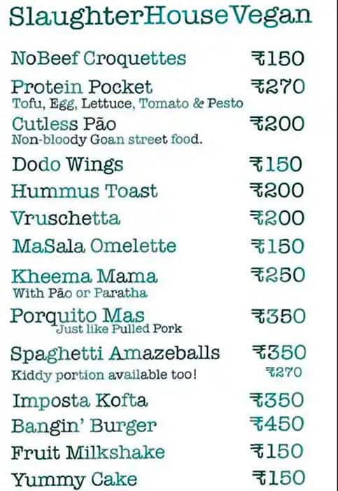 Menu of Slaughterhouse Vegan, Calangute, Goa