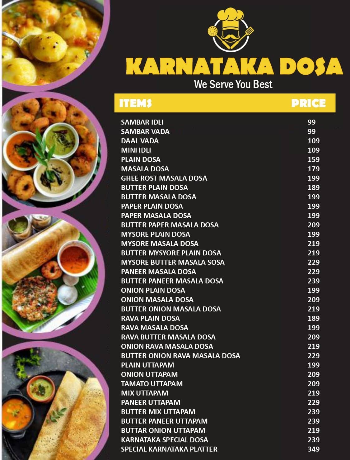 Menu at Karnataka Dosa, Gurugram