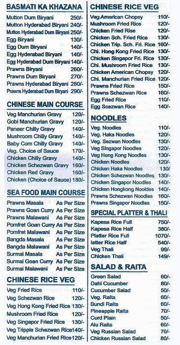 Menu at Hotel Vineyard, Mumbai