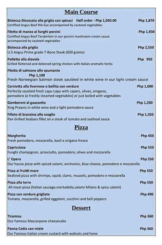 Menu at L'Opera Ristorante Italiano restaurant, Taguig