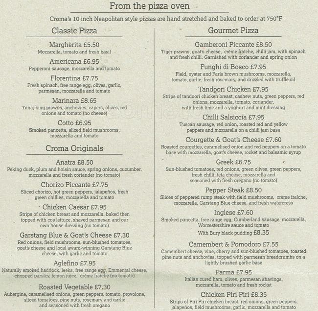 Menu at Croma Prestwich restaurant, Prestwich, 30 Longfield Centre
