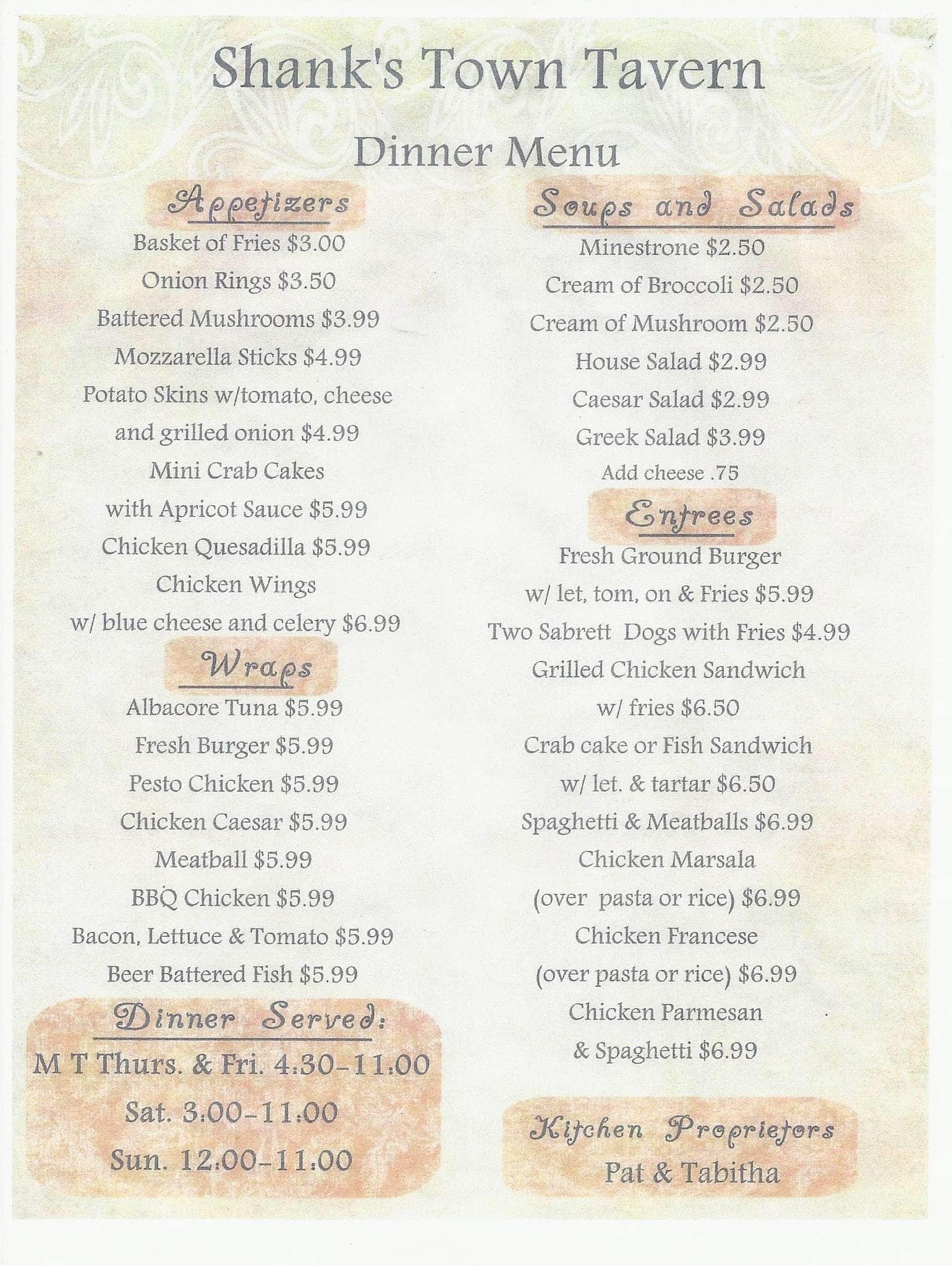 Menu at Shanks Town Tavern pub & bar, Cooper City