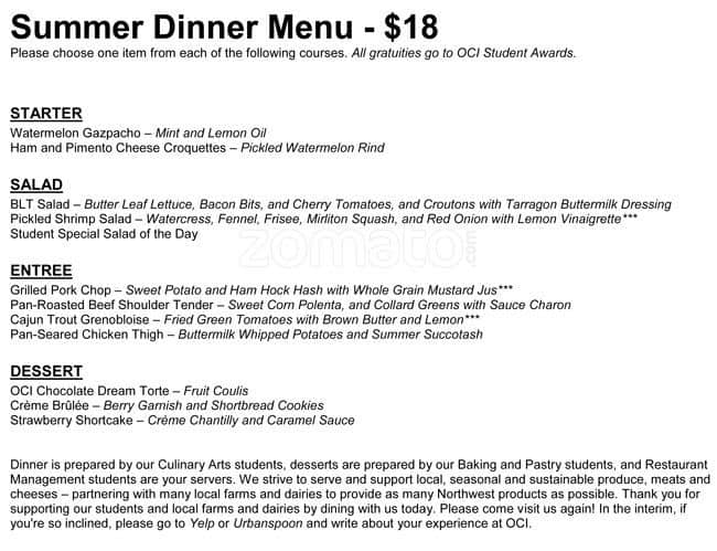 Menu at Oregon Culinary Institute Restaurant, Portland