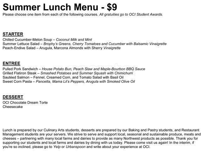 Menu at Oregon Culinary Institute Restaurant, Portland