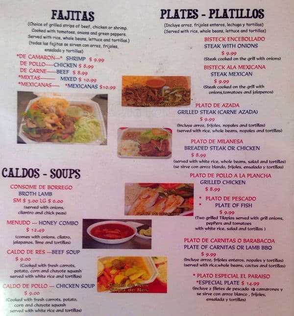 Carta del restaurante Fonda Mexicana El Paraiso, Charlotte