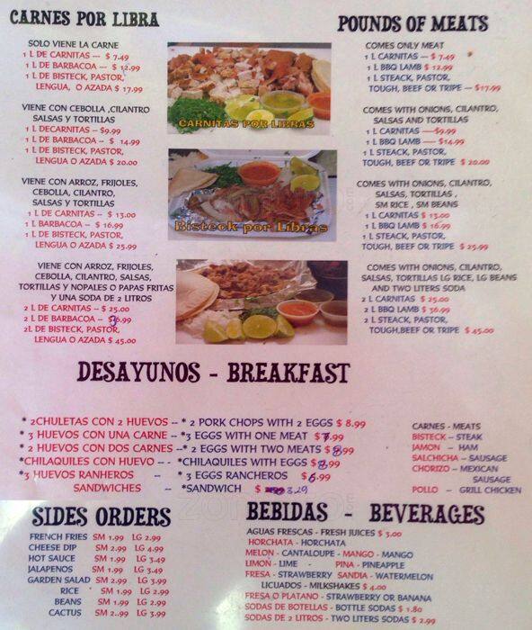 Carta del restaurante Fonda Mexicana El Paraiso, Charlotte