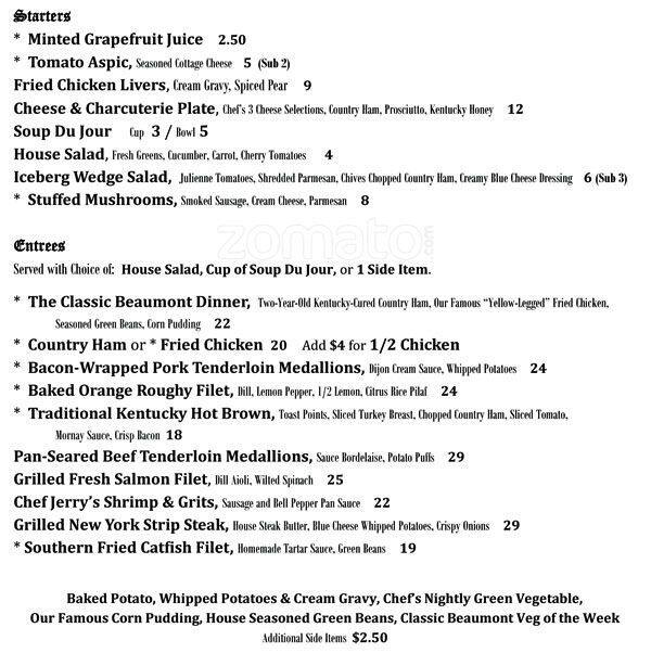 Menu at Beaumont Inn restaurant, Harrodsburg, 638 Beaumont Inn Dr
