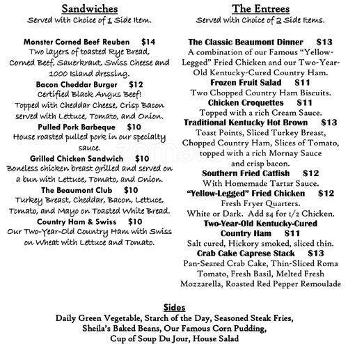 Menu at Beaumont Inn restaurant, Harrodsburg, 638 Beaumont Inn Dr