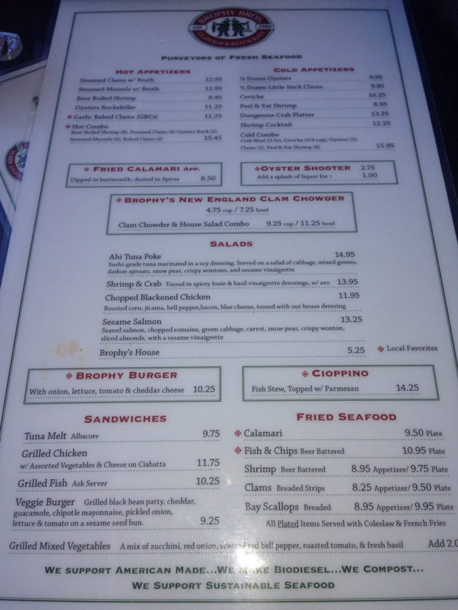 Menu at Brophy Bros. restaurant, Santa Barbara