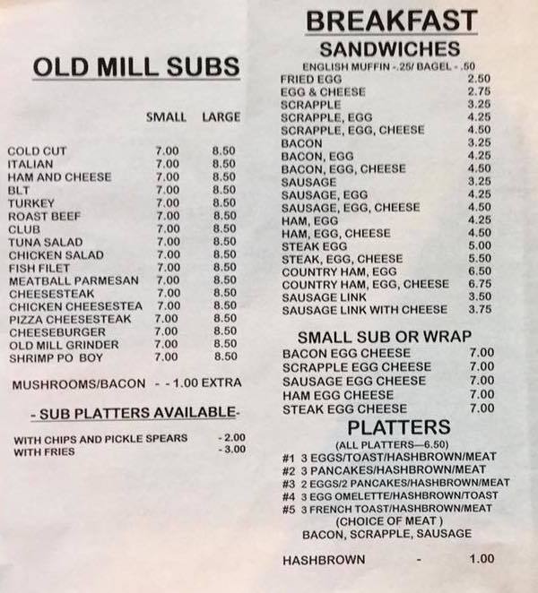 Menu at Old Mill Deli restaurant, Easton