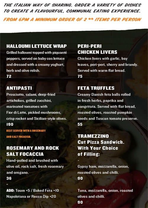 Menu at PRIMI restaurant, Bloemfontein, Shop 612