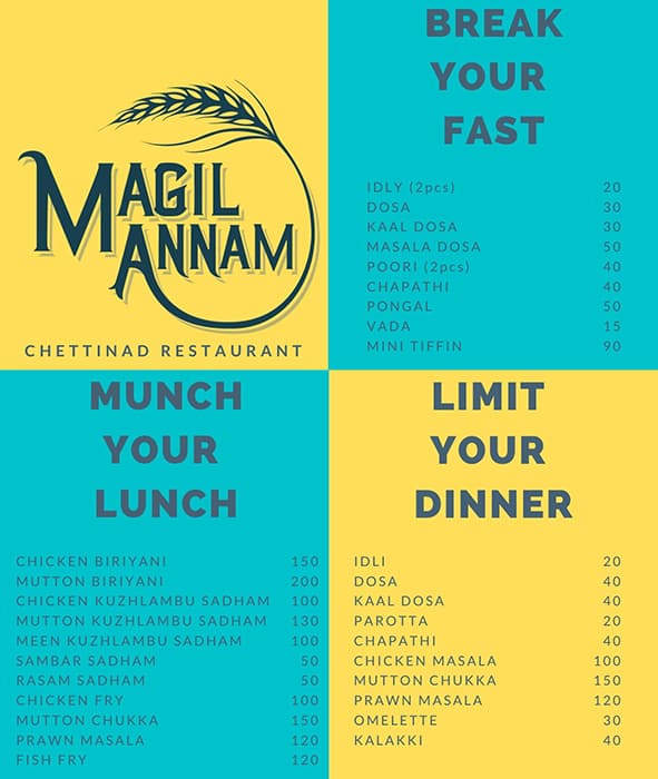 Menu at Magil Annam, Chennai
