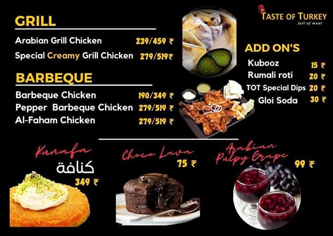 Menu at Taste of Turkey, Chennai