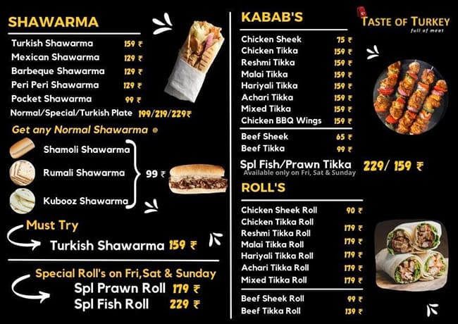 Menu at Taste of Turkey, Chennai