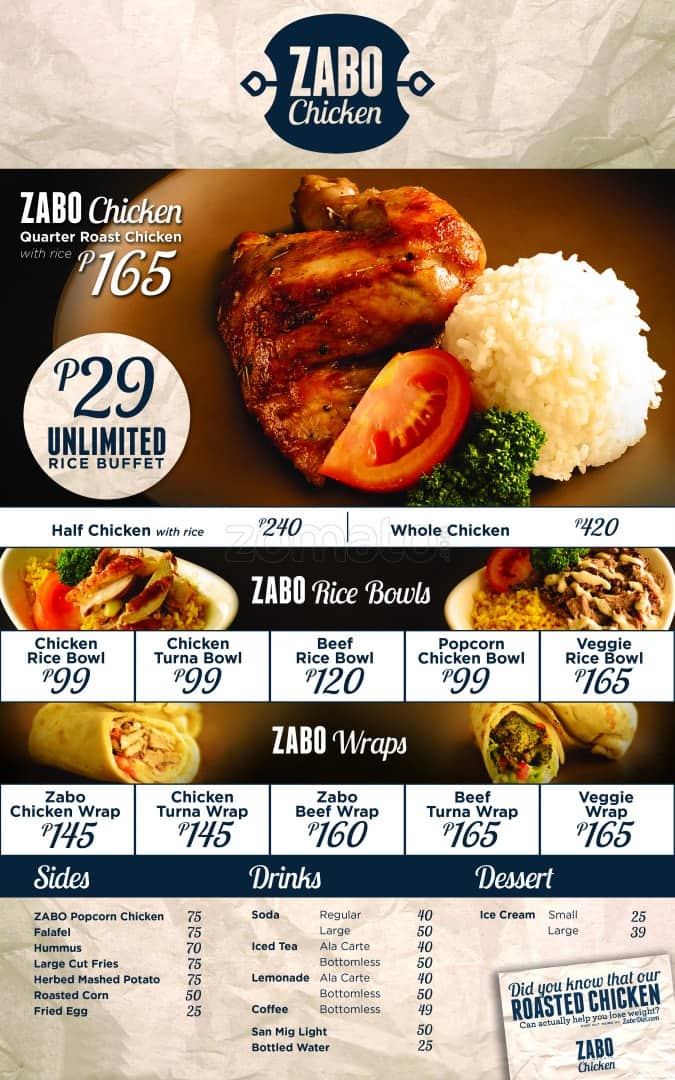 Carta de Zabo Chicken, Parañaque