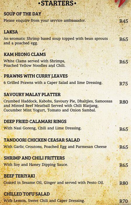 Menu at The Quarterdeck Restaurant at the Portswood Hotel, Cape Town, V ...