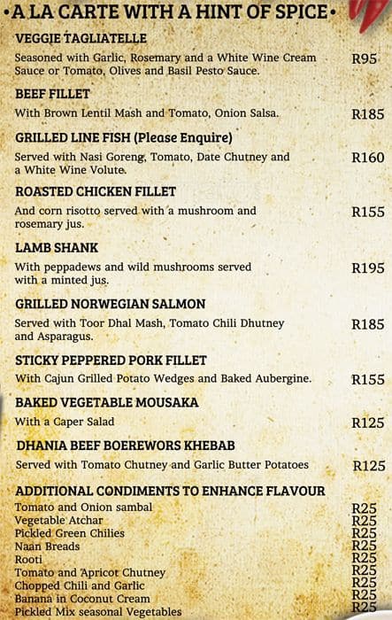Menu at The Quarterdeck Restaurant at the Portswood Hotel, Cape Town, V ...