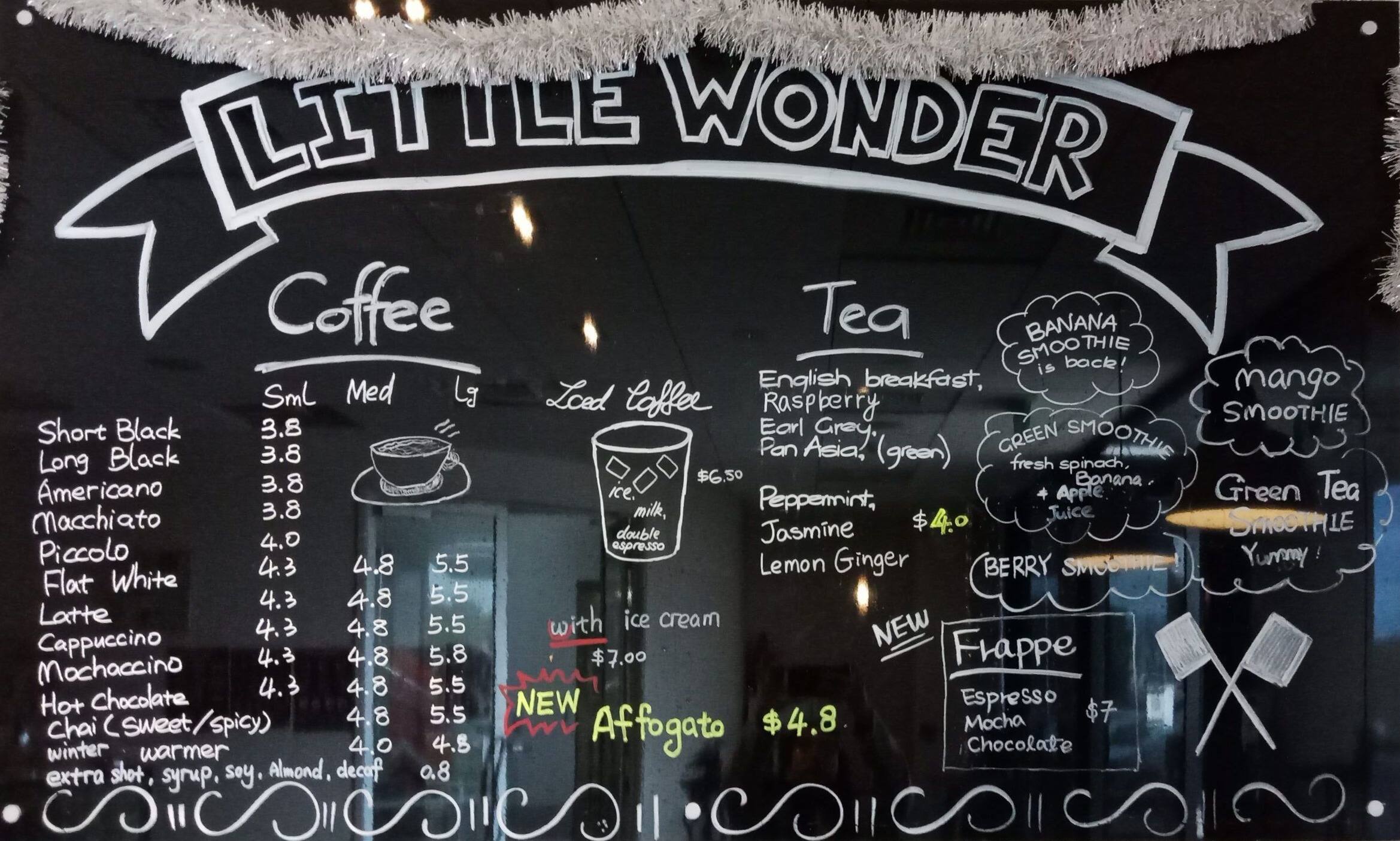 Menu at Little Wonder cafe, Auckland