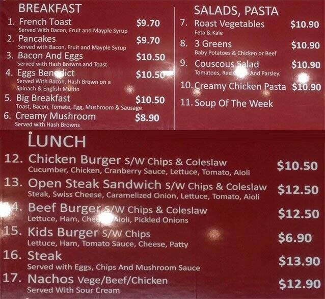 Menu at Baker Cafe, Auckland