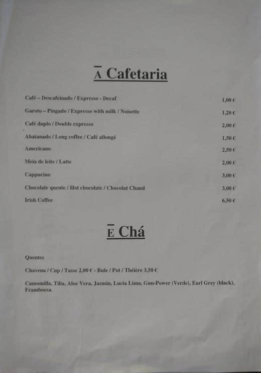Menu at Cruzes Credo pub & bar, Lisbon, R. Cruzes da Sé