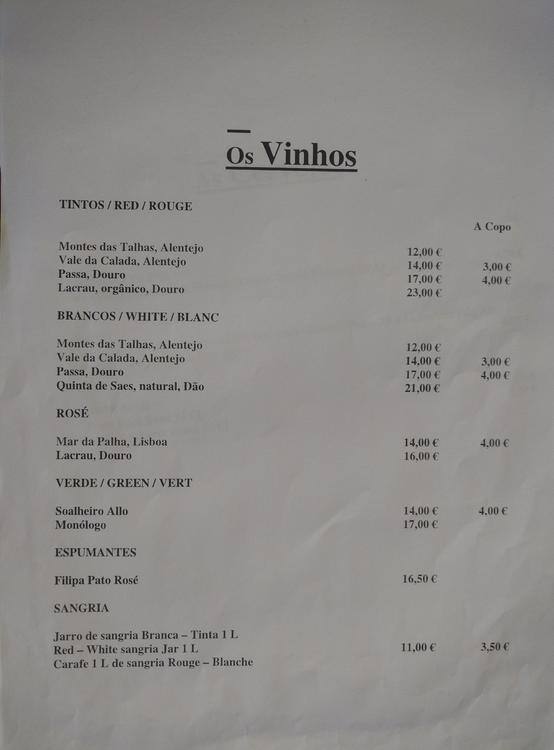 Menu at Cruzes Credo pub & bar, Lisbon, R. Cruzes da Sé