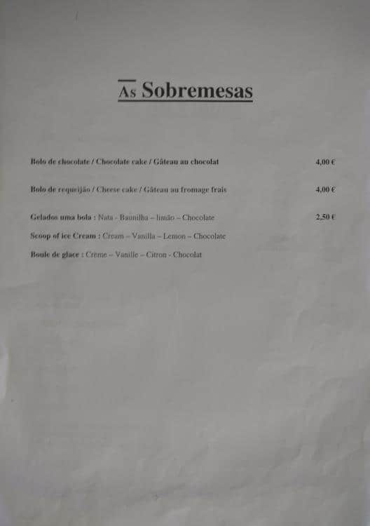 Menu at Cruzes Credo pub & bar, Lisbon, R. Cruzes da Sé