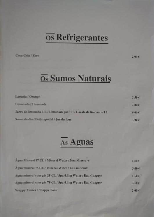 Menu at Cruzes Credo pub & bar, Lisbon, R. Cruzes da Sé