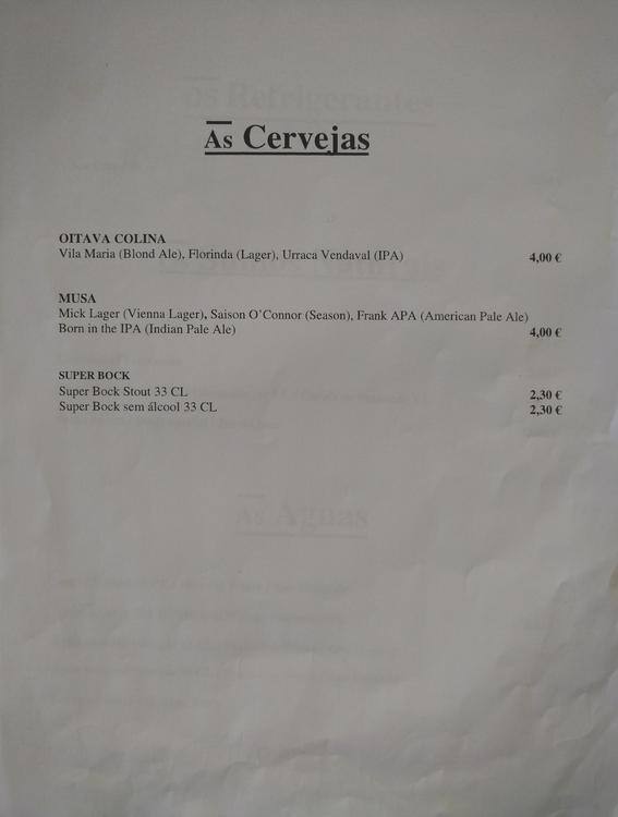 Menu at Cruzes Credo pub & bar, Lisbon, R. Cruzes da Sé