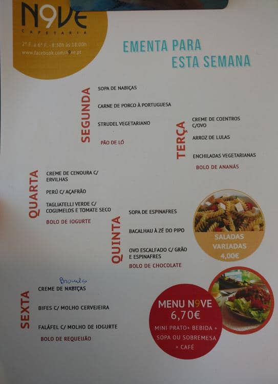 Menu at N9ve cafe, Lisbon
