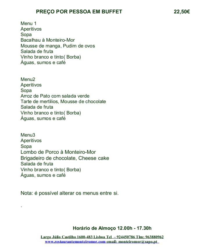 Menu em Restaurante Monteiro-Mor - Museu do Traje, Lisboa