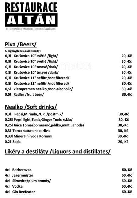 Menu at Restaurace Altán restaurant, Prague, Troja CZ
