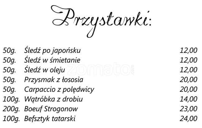 Menu at Centaur restaurant, Katowice