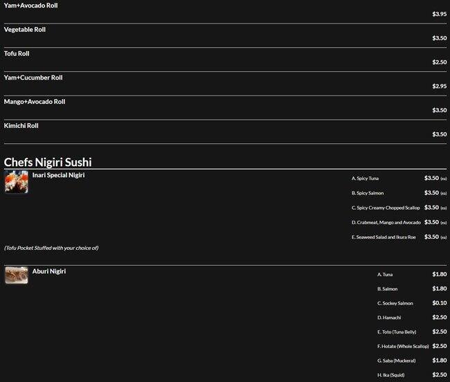 Menu at Sushi Yoi restaurant, Burnaby, Rosser Ave