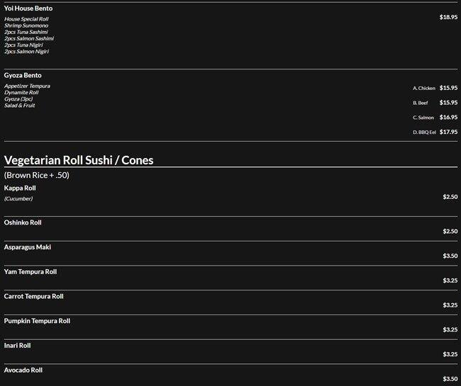 Menu at Sushi Yoi restaurant, Burnaby, Rosser Ave