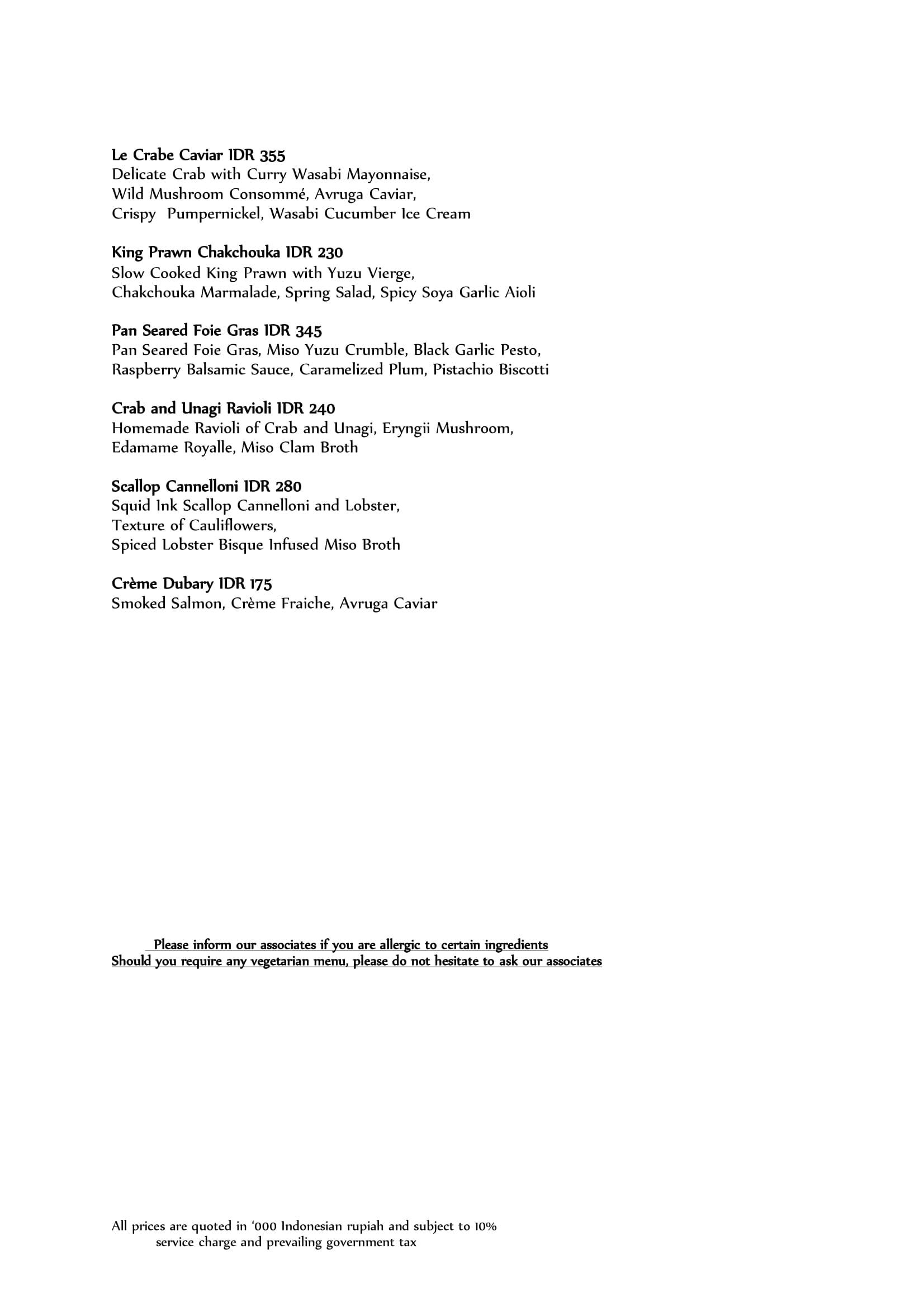 Carta del restaurante Commune, Ungasan