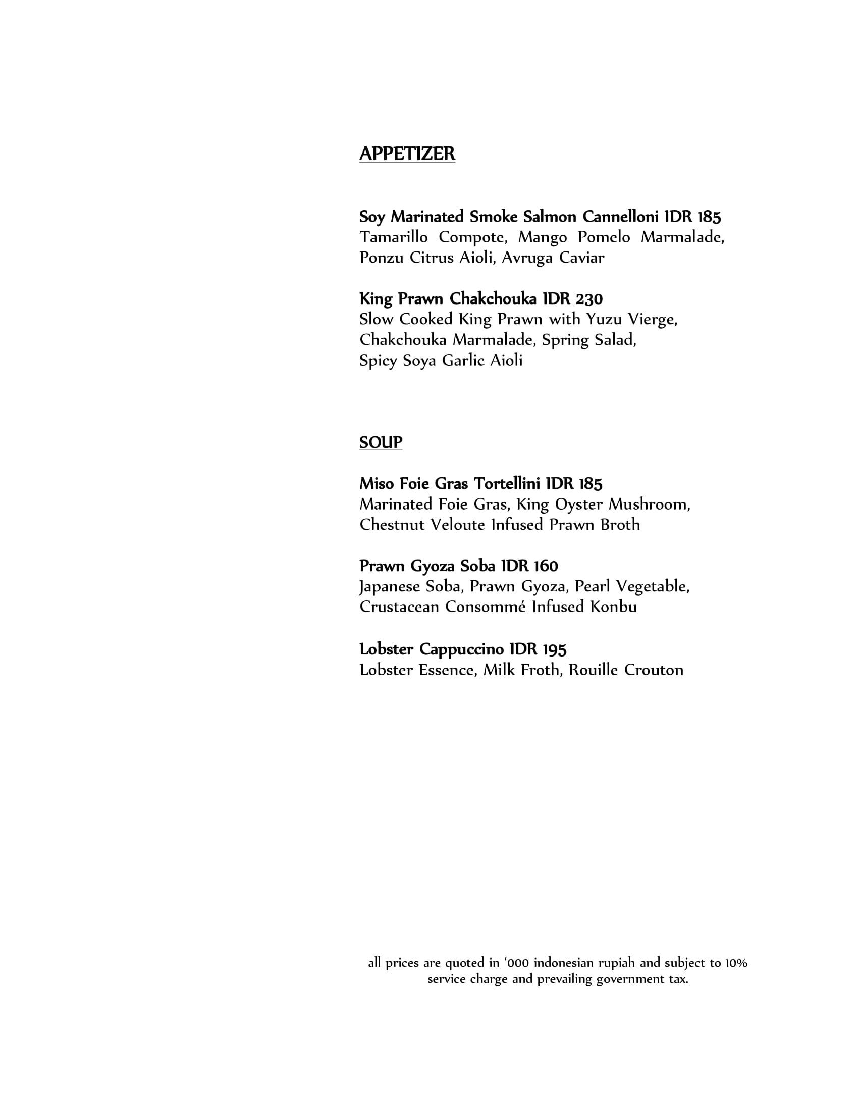 Carta del restaurante Commune, Ungasan