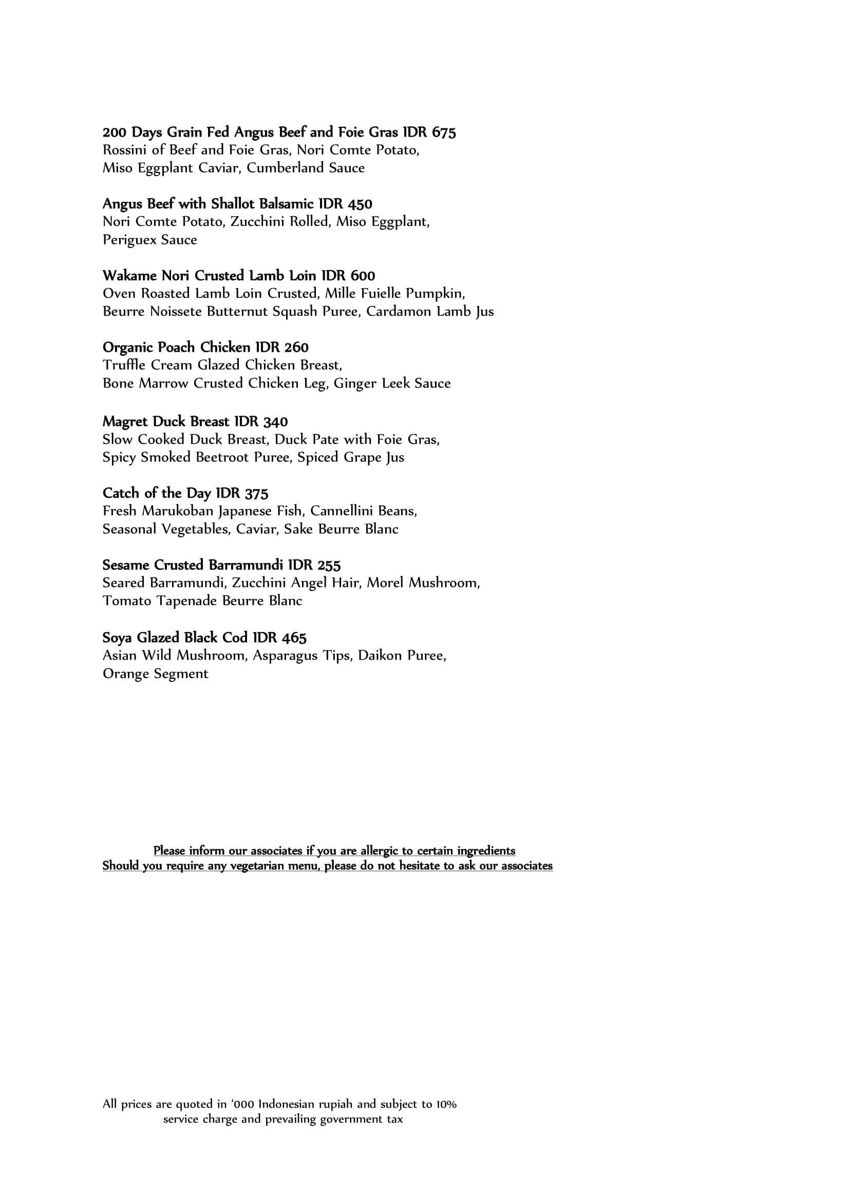 Carta del restaurante Commune, Ungasan