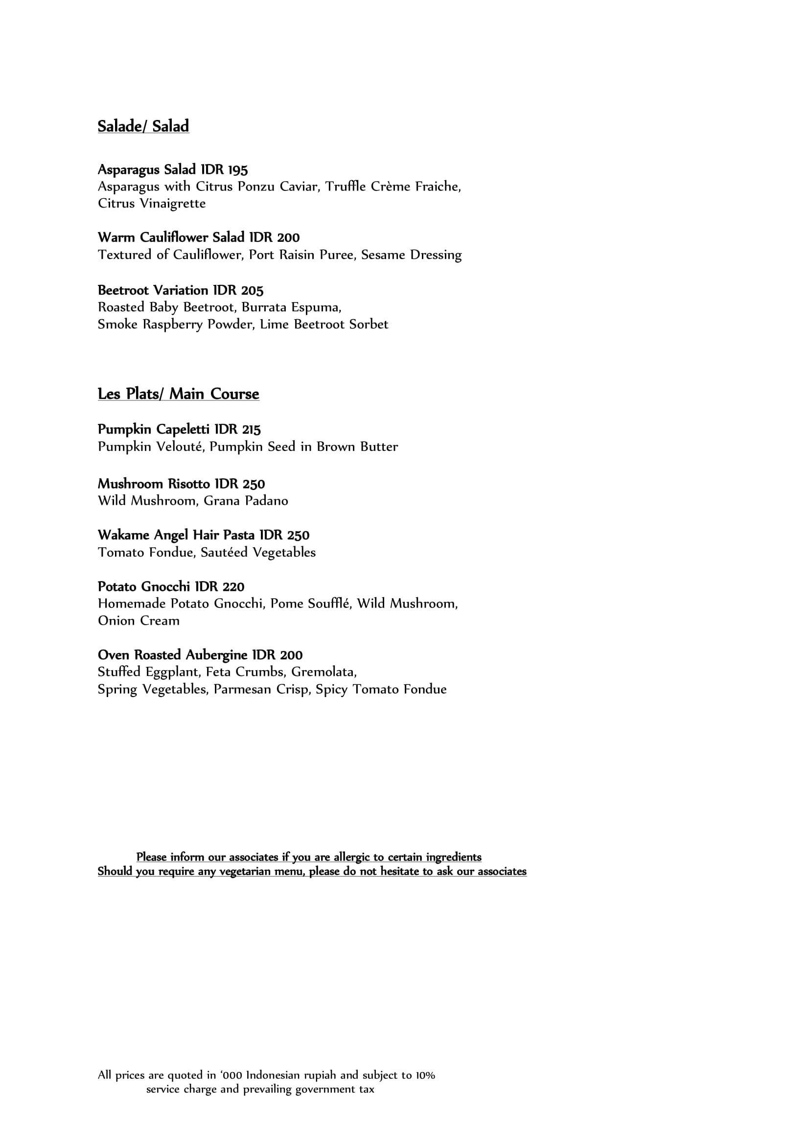 Carta del restaurante Commune, Ungasan