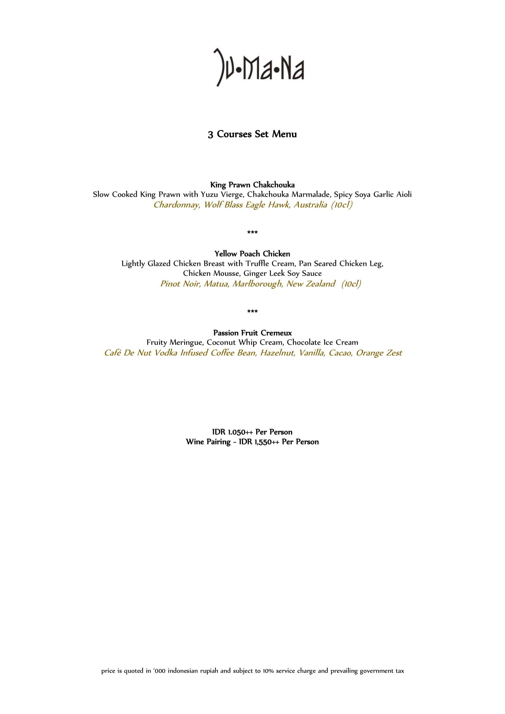 Carta del restaurante Commune, Ungasan