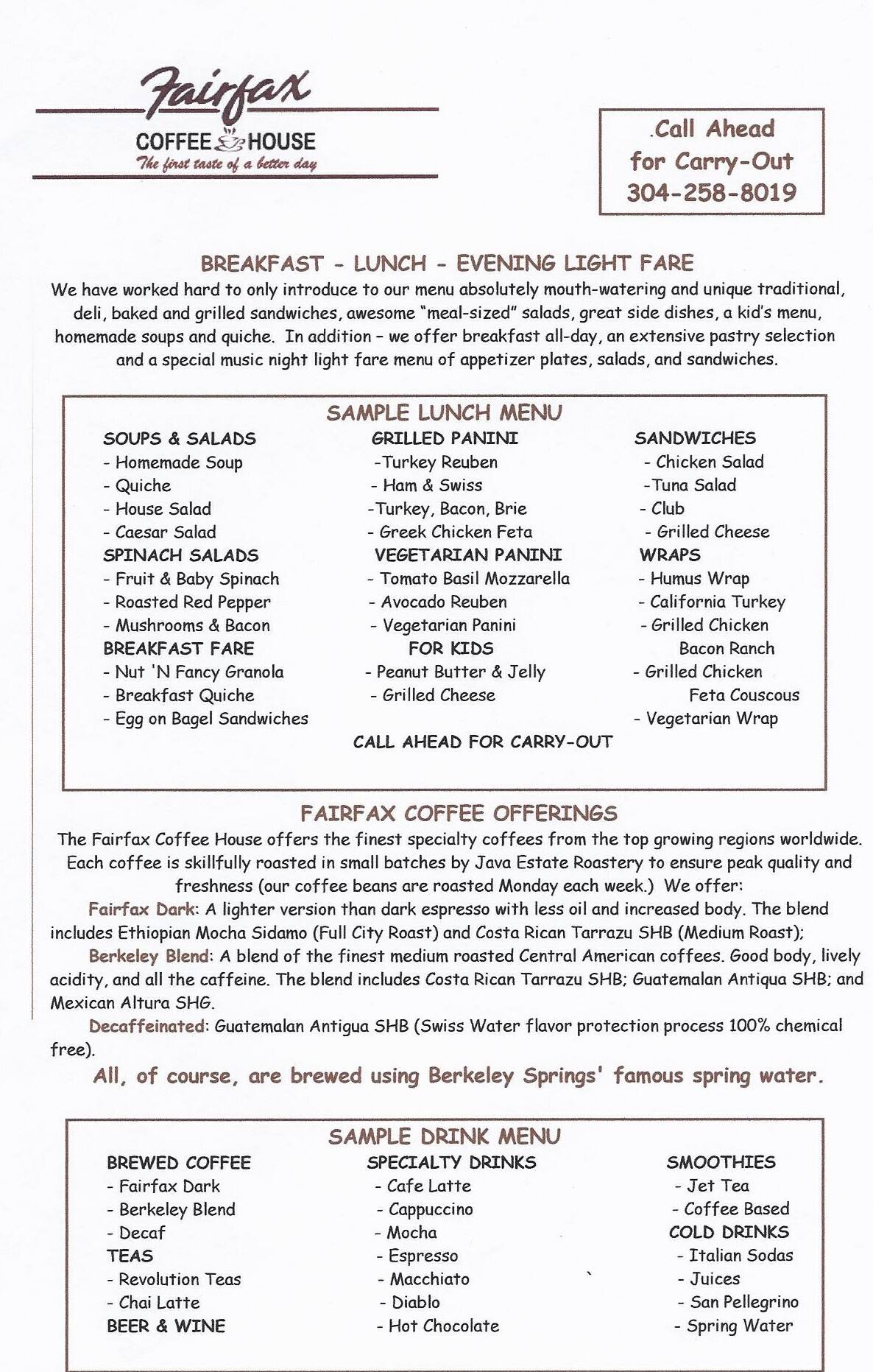 Menu at Fairfax Coffee House, Berkeley Springs