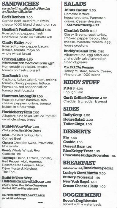 Menu at Red Rover Cafe, Chicago