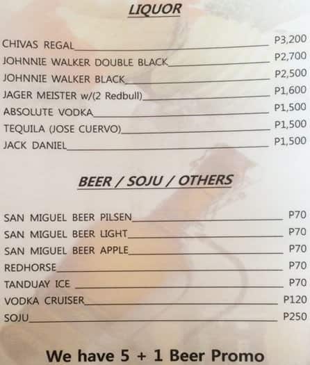 Menu at K-Pop Family KTV, Cebu City