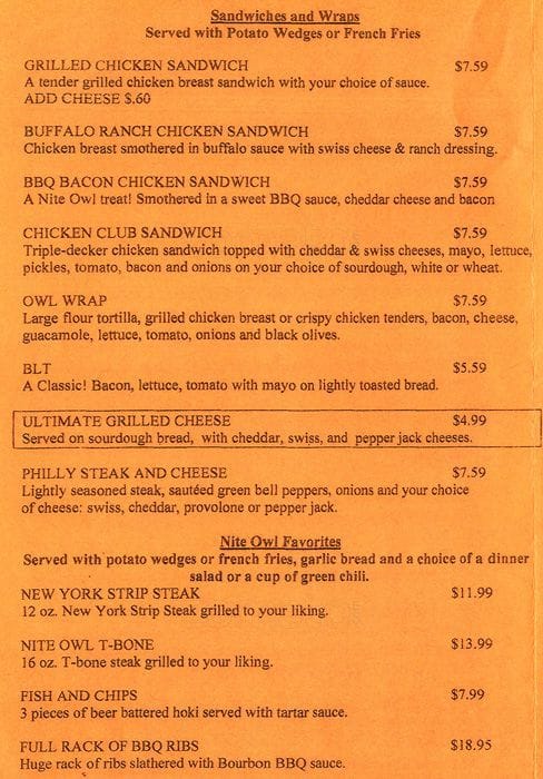 Menu at Nite Owl Sports Bar & Grill, Lakewood