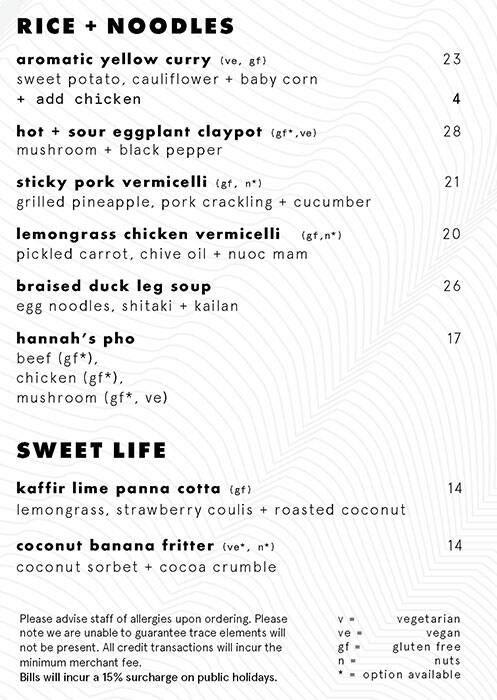 Menu at Hanoi Hannah New Quarter restaurant, Melbourne