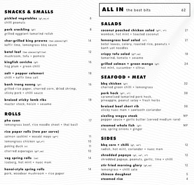 Menu at Hanoi Hannah New Quarter restaurant, Melbourne