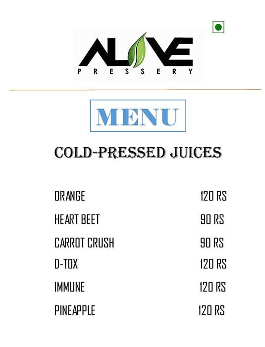 Menu of Alive Pressery, Kondapur, Hyderabad