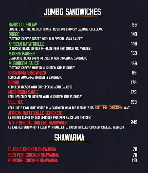 Menu of WTF - Where's The Food ?, Sector 45, Noida