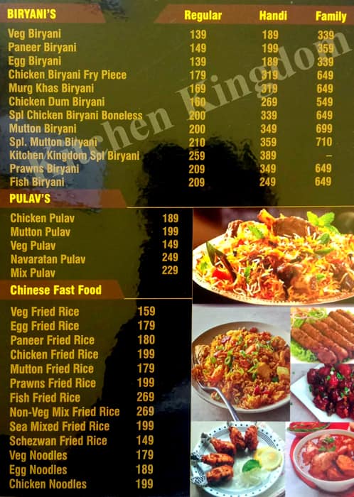 Menu of Kitchen Kingdom, Kukatpally, Hyderabad